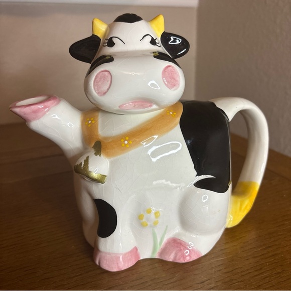 Art | Whimsical Cow Ceramic Teapot Black White Pink Yellow | Poshmark